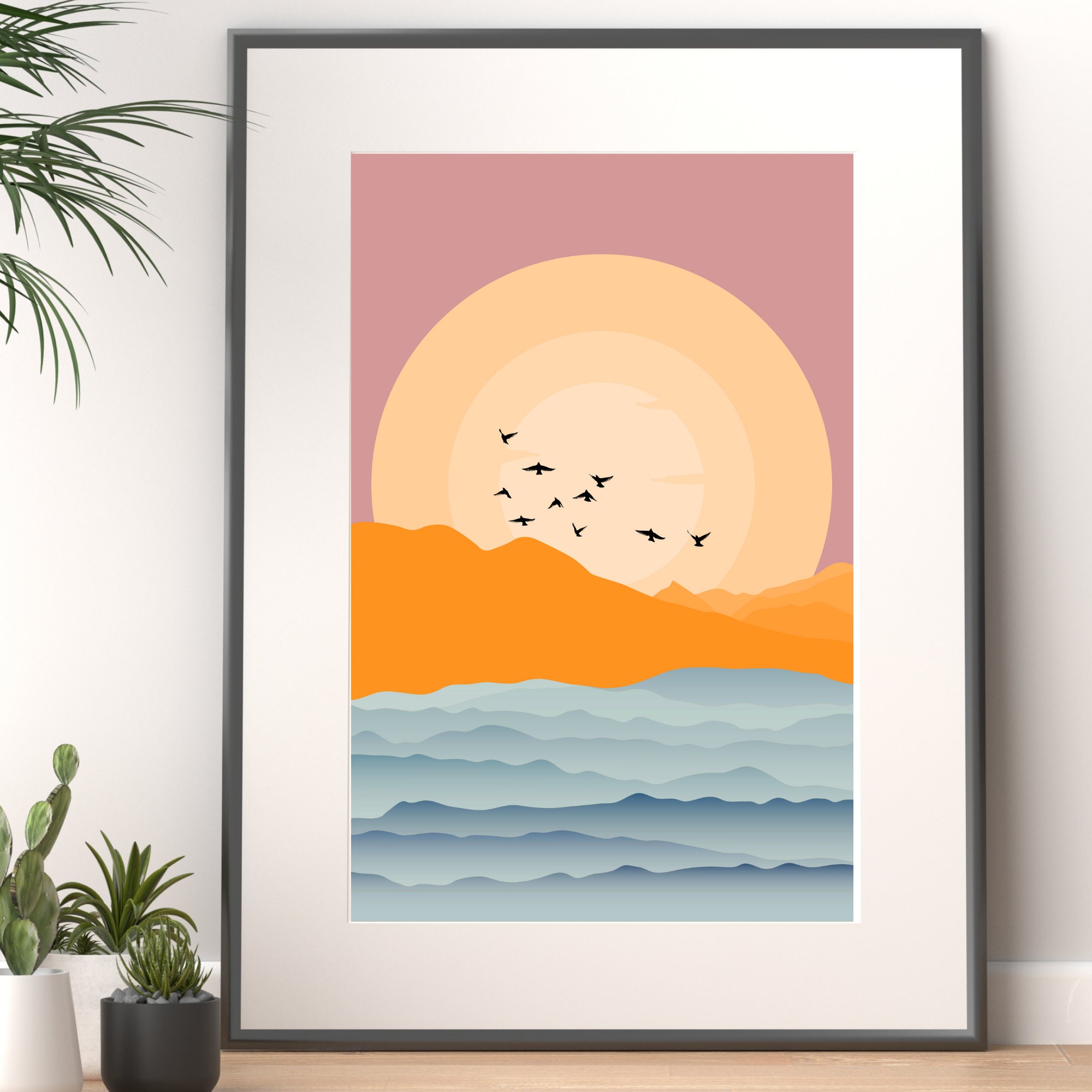 Sunrise Art Print, Lotus Colour Art, Mountain Scene, Landscape Art ...