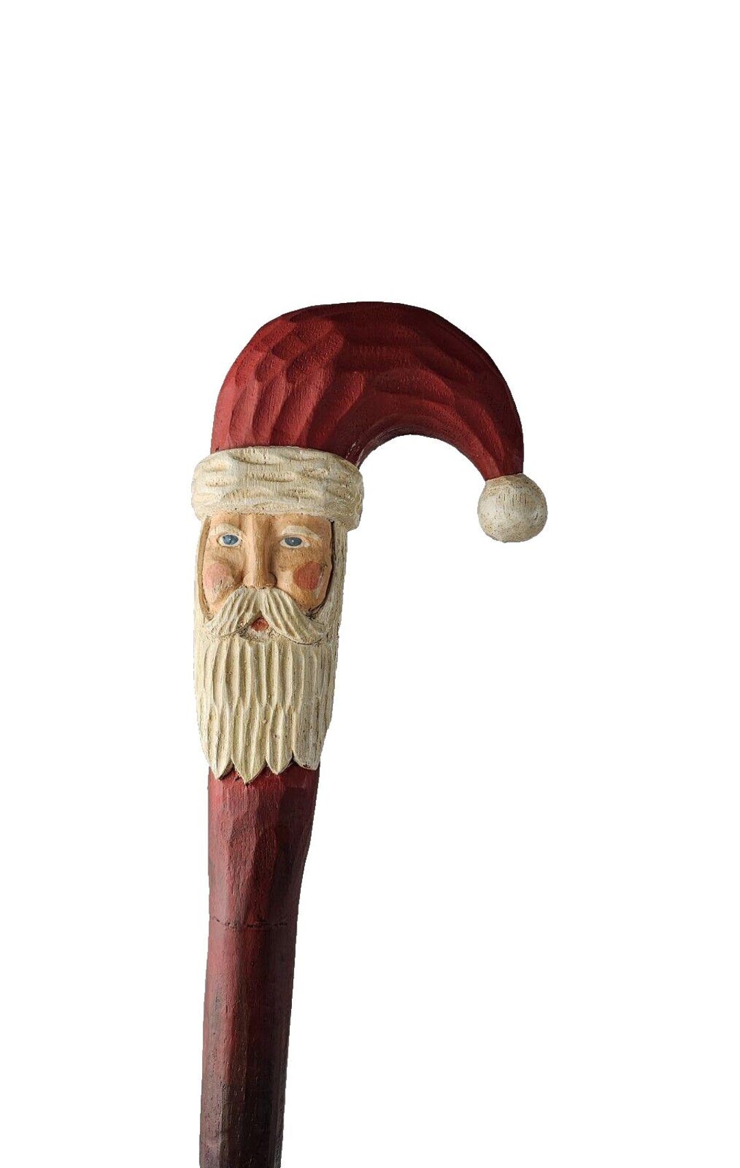 Vintage Hand Carved Santa Claus Christmas Wood Cane Walking Stick 3 ...