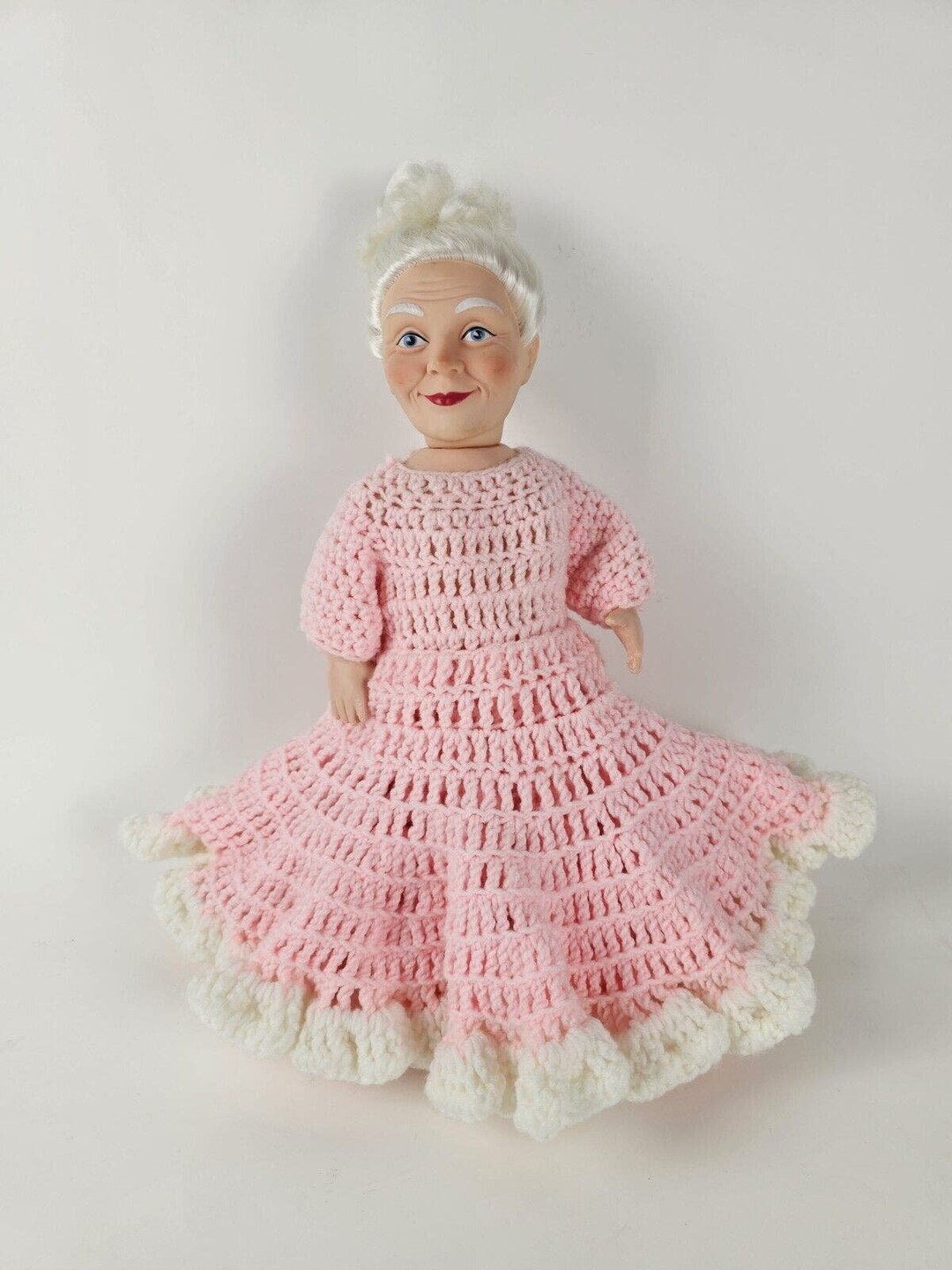 Vintage 90s Fiber Craft Grandma Doll in Pink Crotchet Dress Retro ...