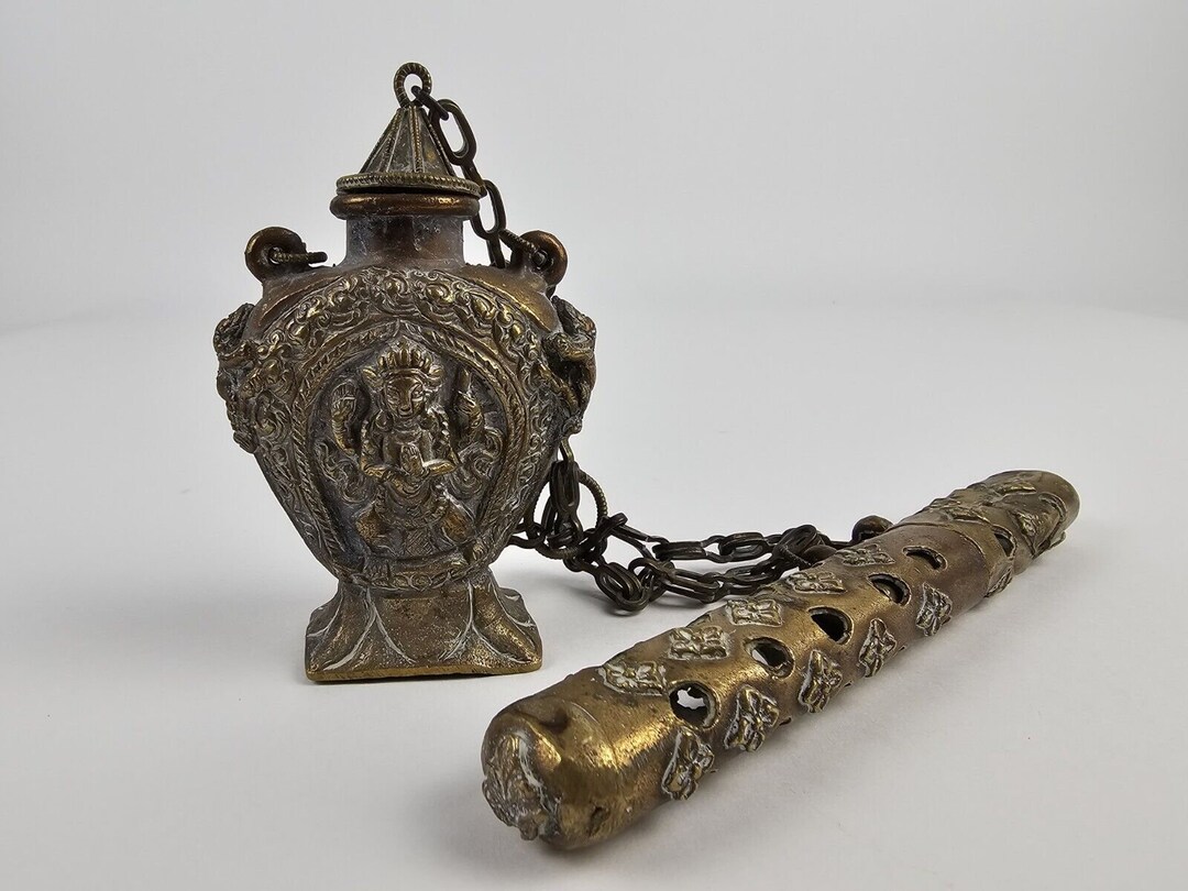 Antique Nepalese Pen Case & Inkwell Buddhist Symbols 18th -19th Century ...