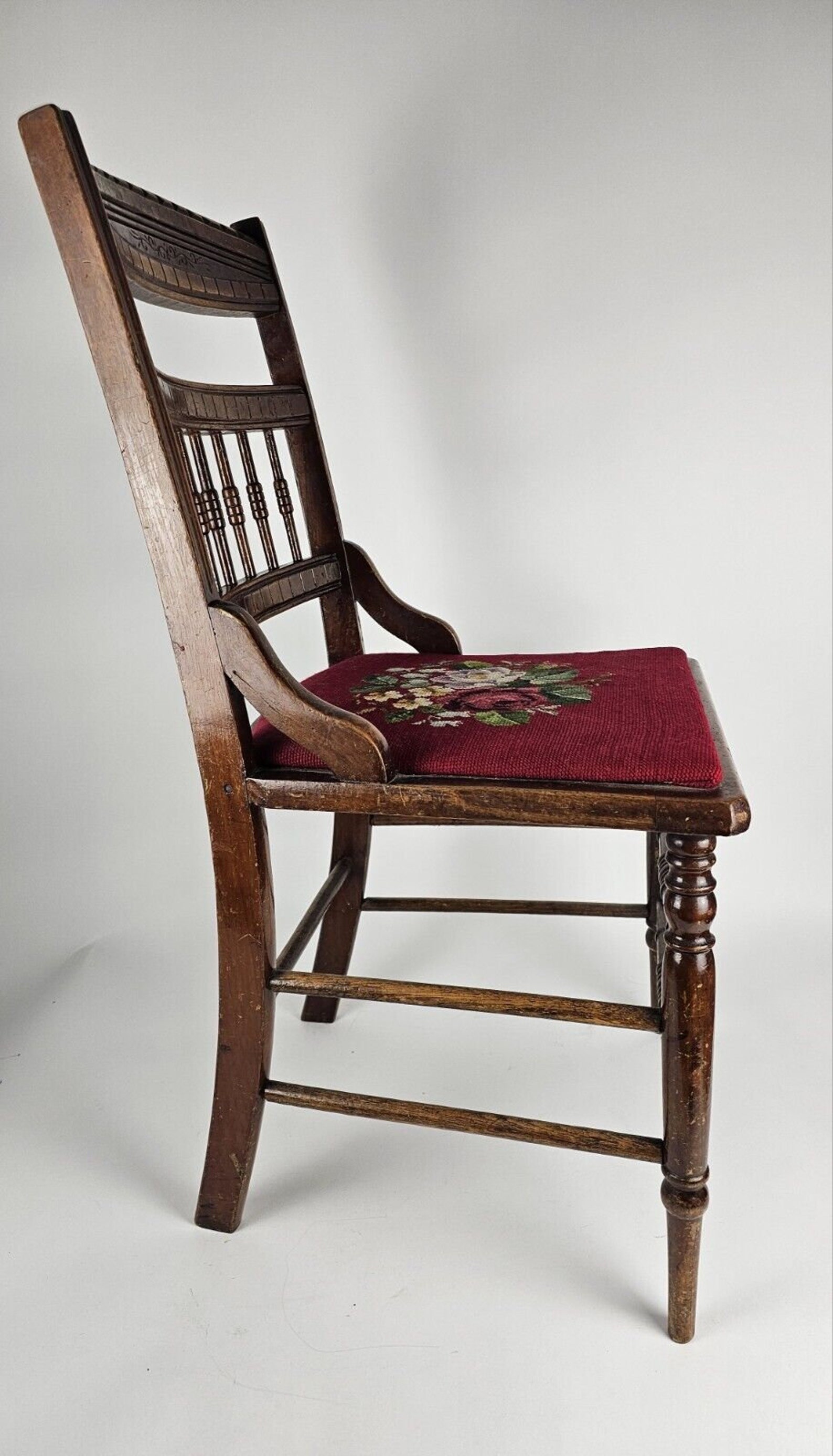 Antique Walnut Chair Red Floral Needlepoint Old Ornate Detailed Wood ...