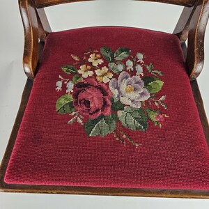 Antique Walnut Chair Red Floral Needlepoint Old Ornate Detailed Wood ...