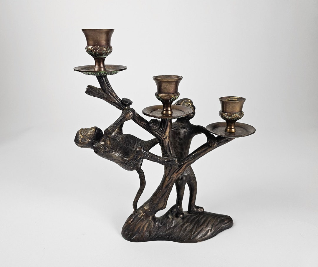 Antique Bronze MONKEY Figure Candelabra Triple CANDLE HOLDER Old Rare ...