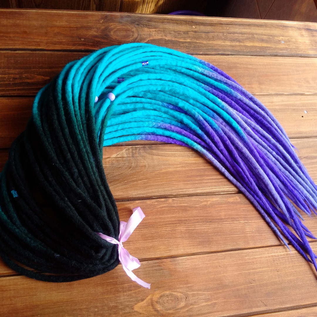 Set of Wool Dreadlock Extensions DE Dreads Mermaid Black Blue Turquoise ...