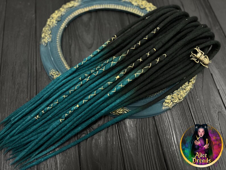 Wool Dreads "midnight" Black Ombre to Dark Cyan Dreadlocks With Gold ...