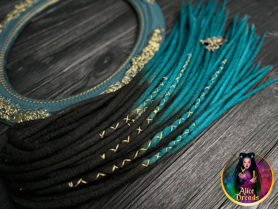 Wool Dreads midnight Black Ombre to Dark Cyan Dreadlocks With Gold ...