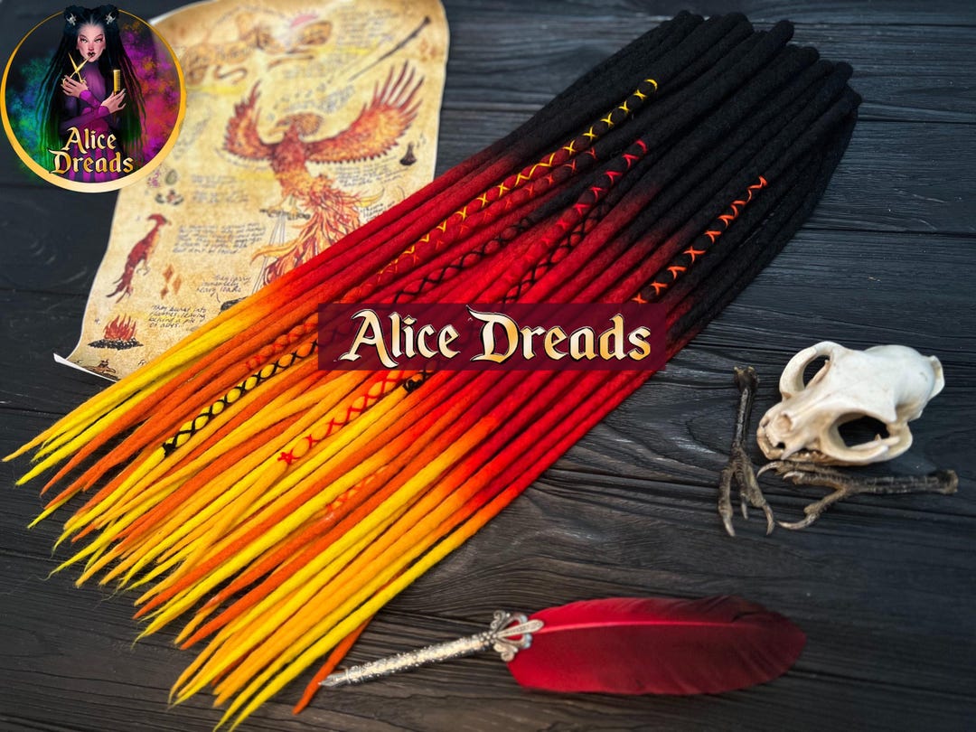 Wool Ombre Double Ended Dreadlocks DE Dreads “phoenix” Black Red Yellow ...