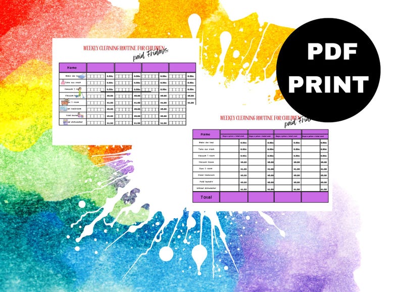 Printable Kids Chore Chart: Weekly Cleaning Routine, Allowance Tracker ...