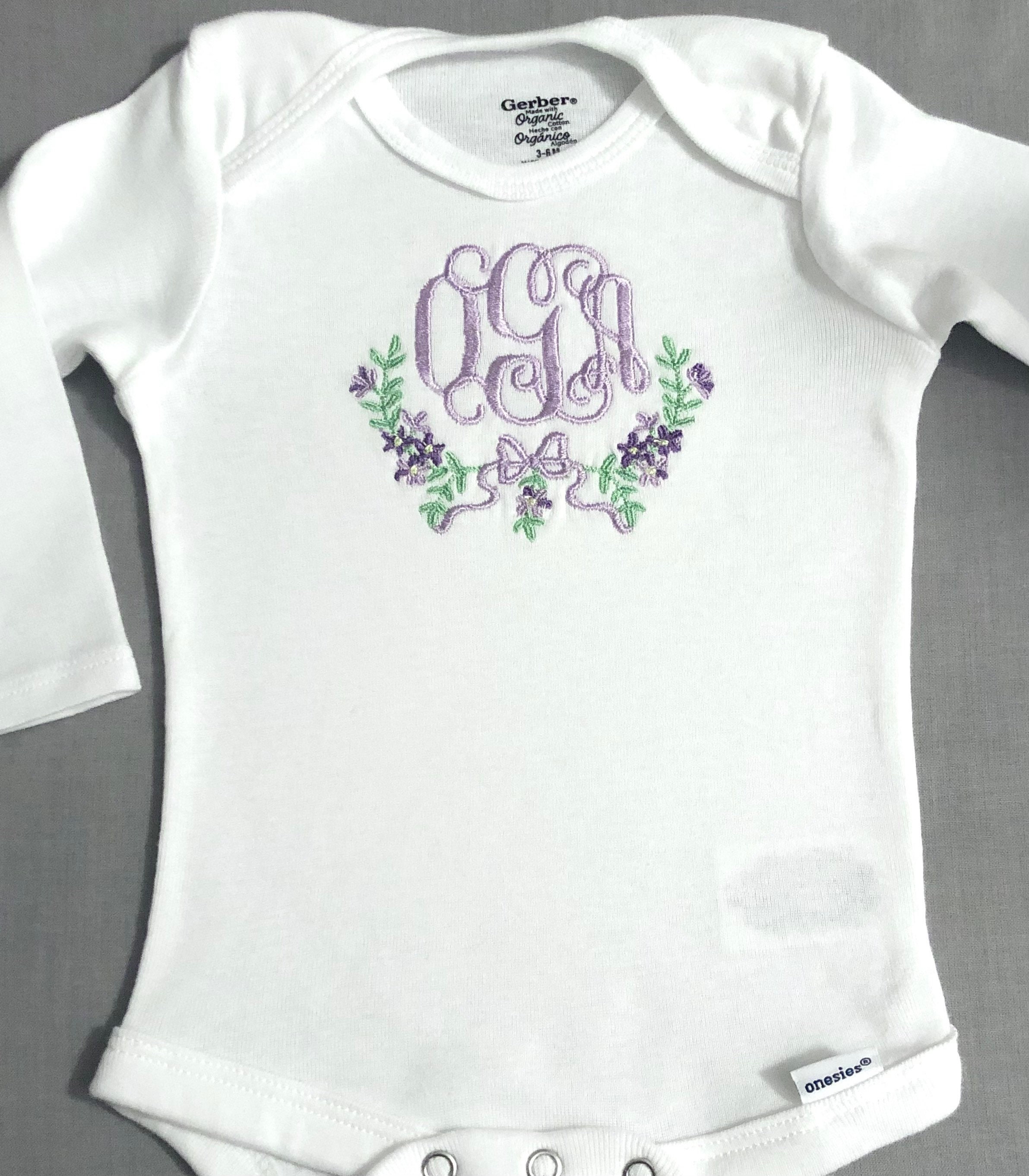 Monogrammed Baby Girl Onesie With Floral Wreath, 100% Cotton Long ...