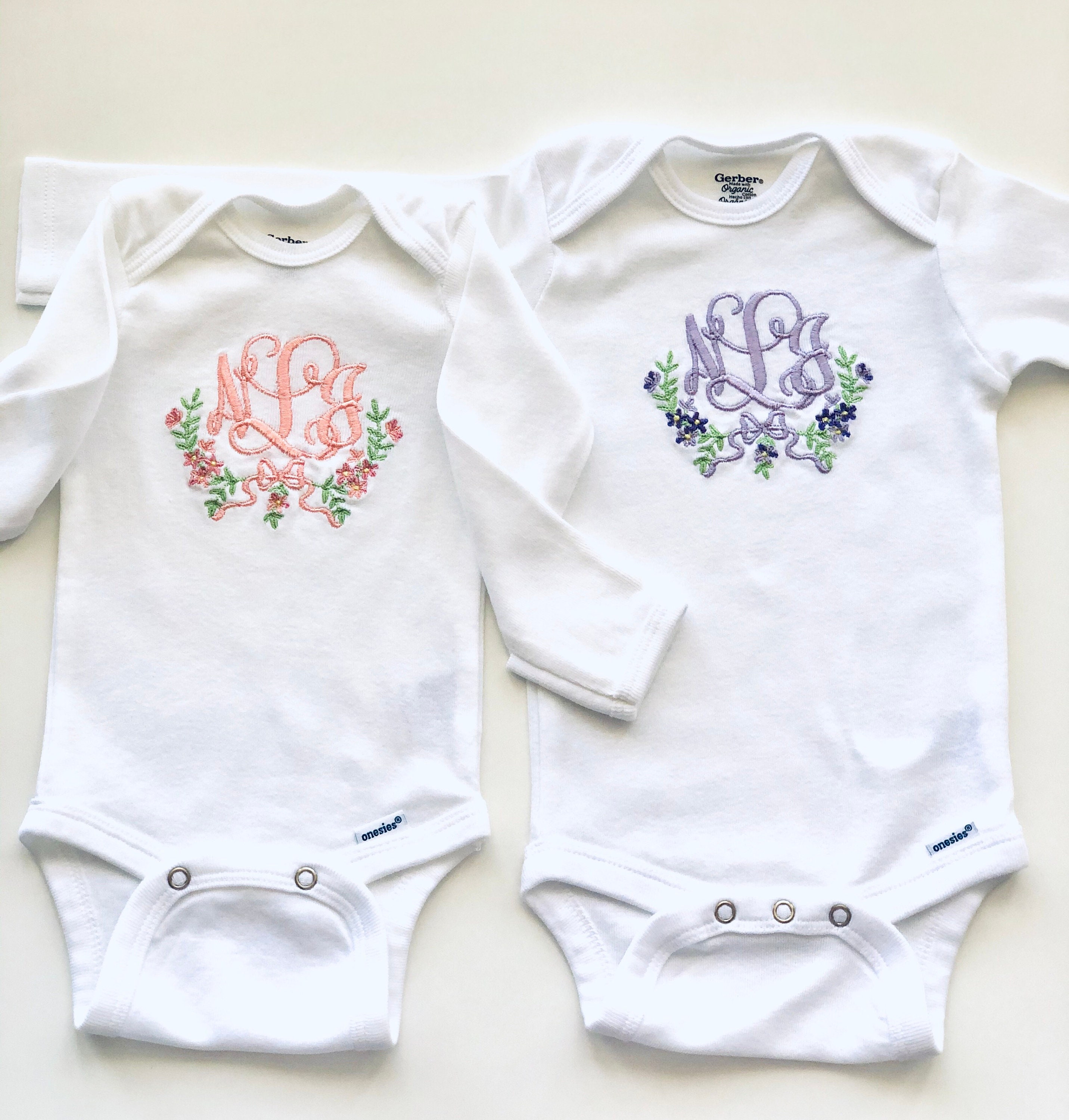 Monogrammed Baby Girl Onesie With Floral Wreath, 100% Cotton Long ...