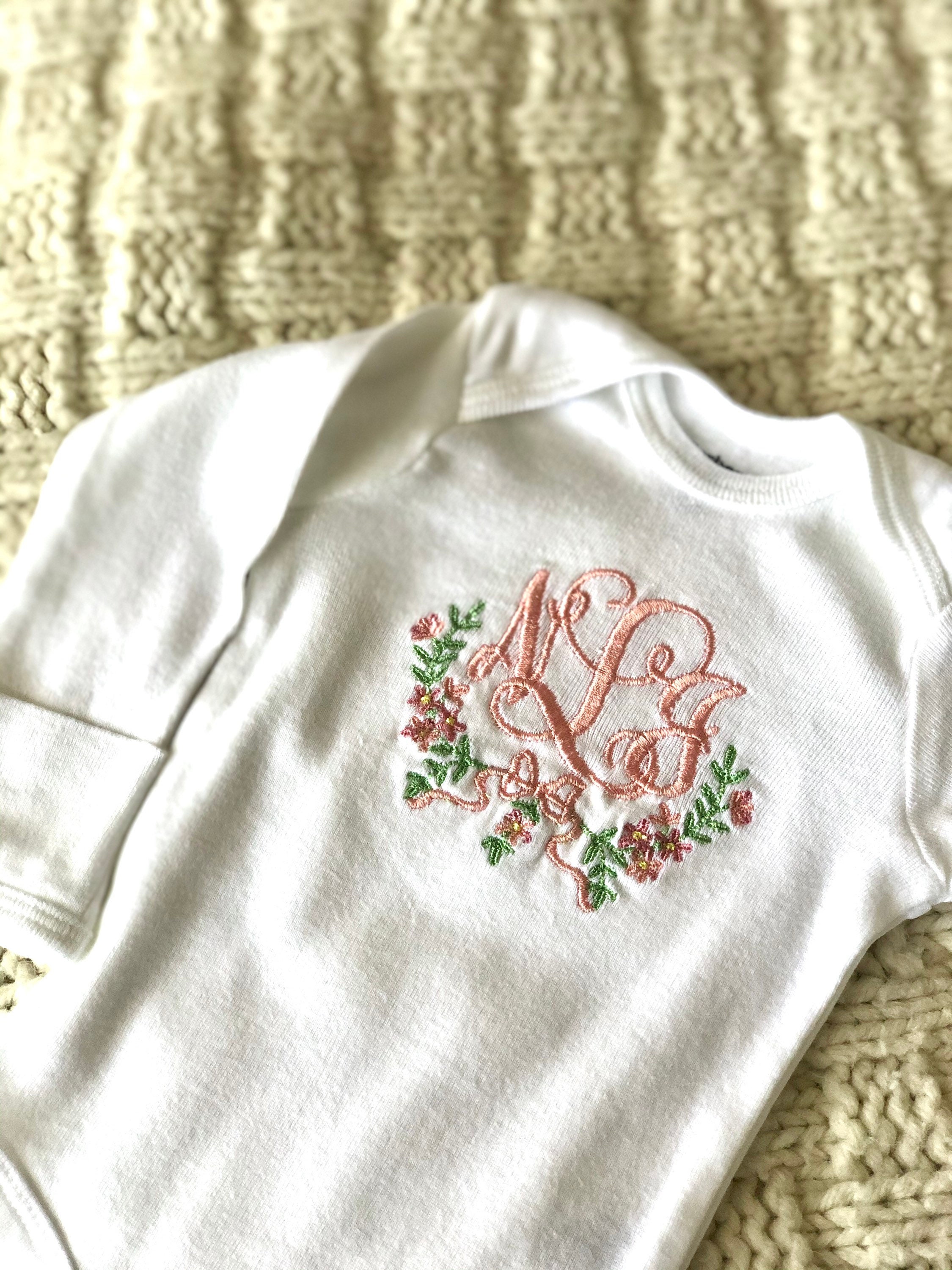 Monogrammed Baby Girl Onesie With Floral Wreath, 100% Cotton Long ...
