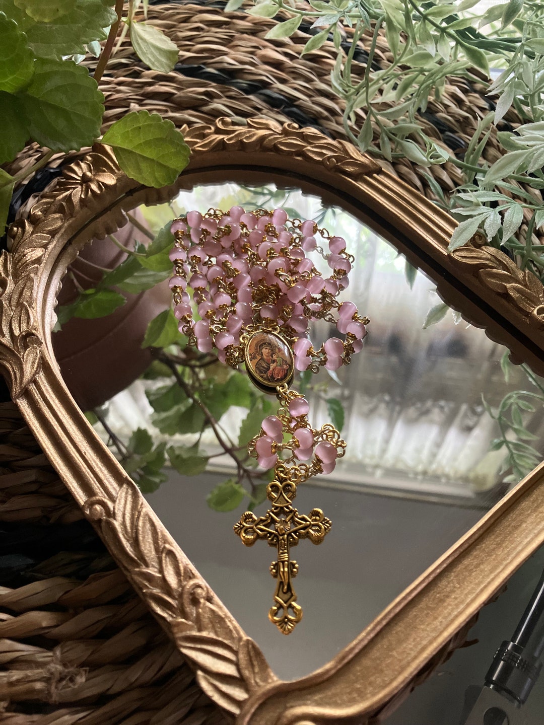 Handcrafted Catholic Rosary Pink Cats Eye Glass Rosario Quinceañera ...