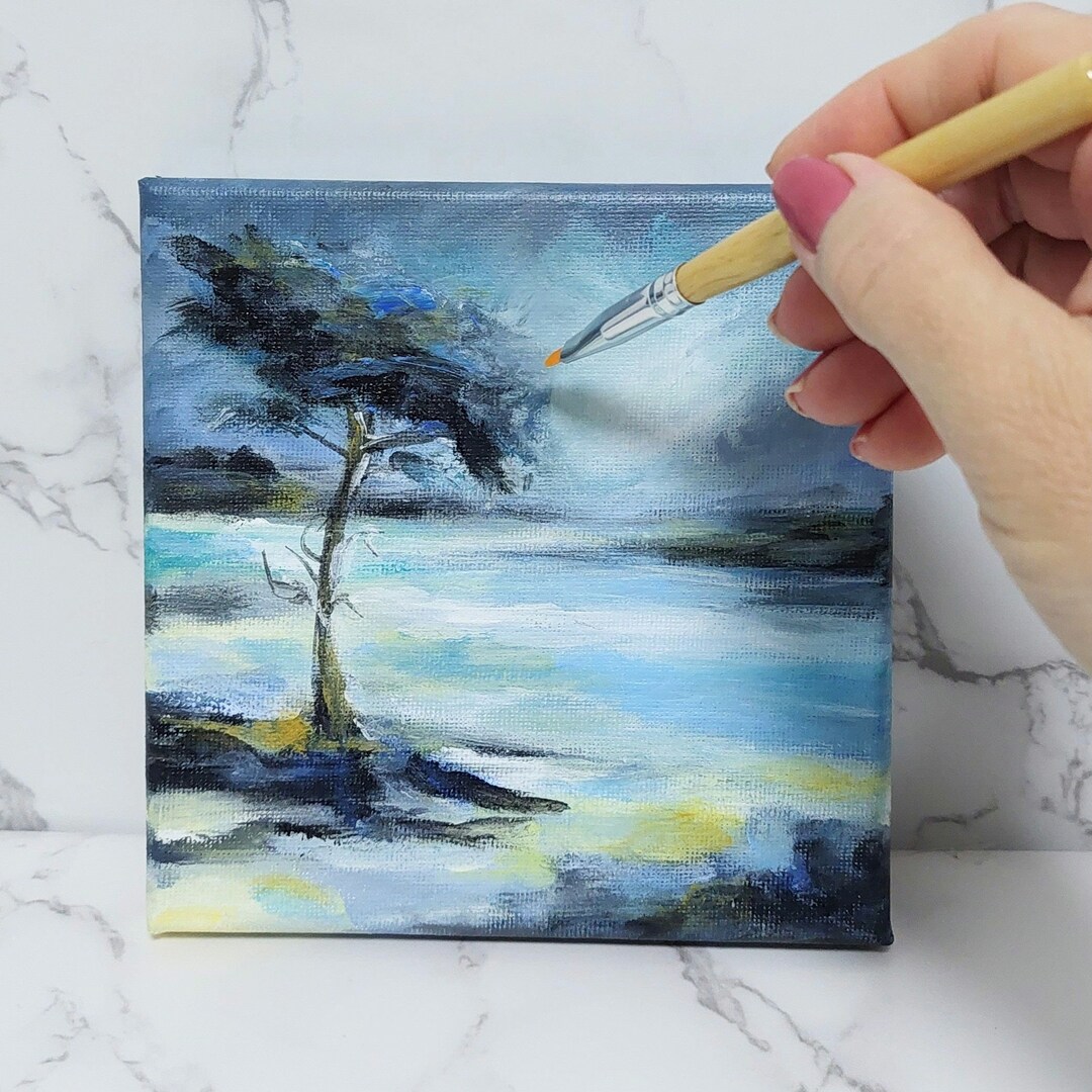 Seaside Tree Painting, Coastal Landscape Mini Art 6x6, Grey Blue Yellow ...