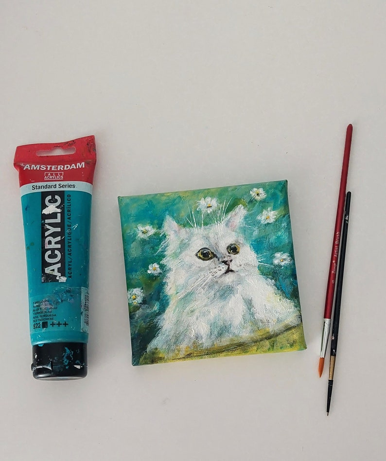 White Cat Painting Original Pet Art on Tiny 5 by 5 Canvas Kitty ...