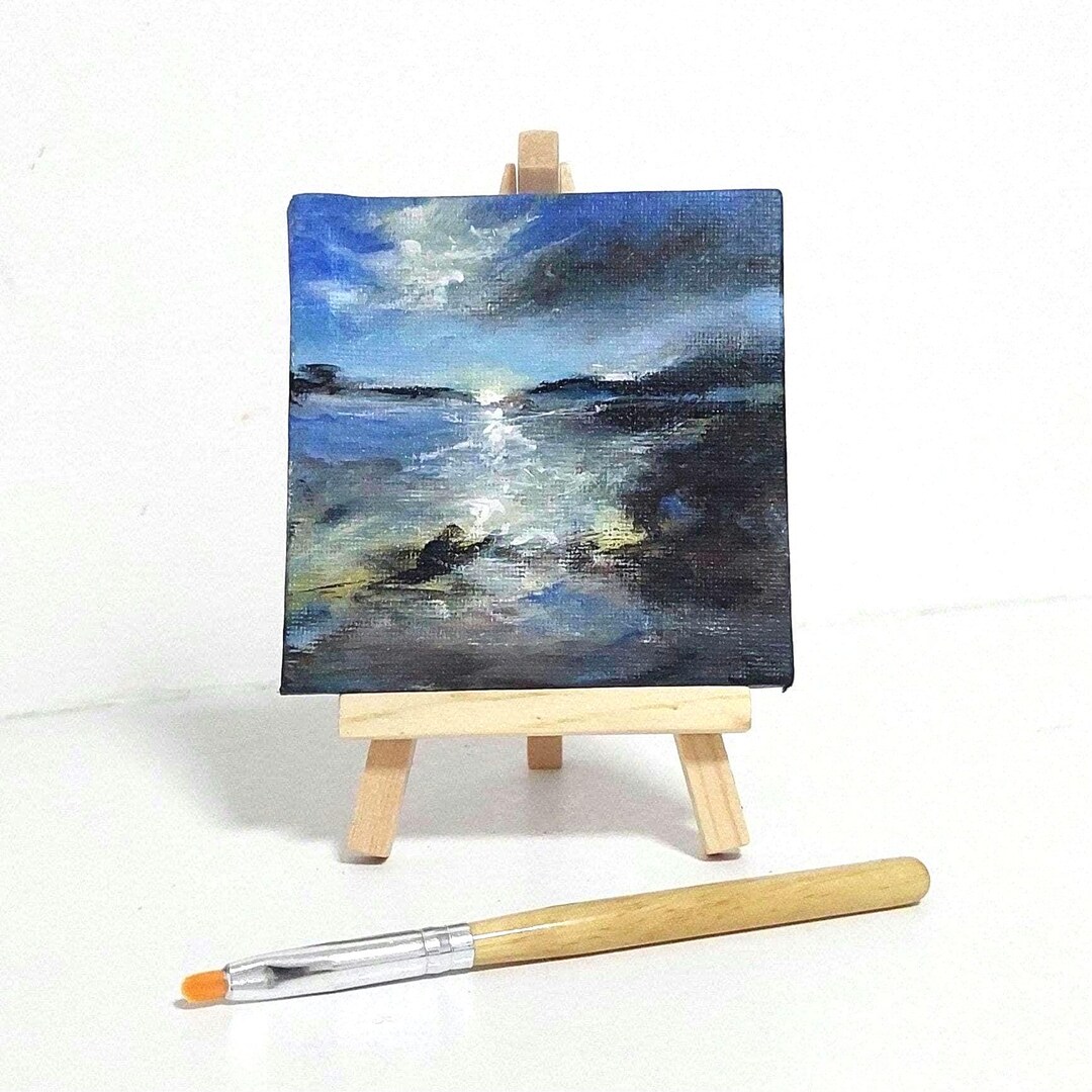 Sea View Painting Original in Wood Easel Seascape Artwork Tiny Calming ...