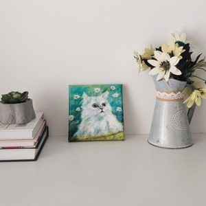 White Cat Painting Original Pet Art on Tiny 5 by 5 Canvas Kitty ...