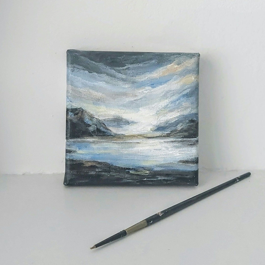 Mountain Lake Painting Mini 4x4 Landscape on Canvas Wall Art Tail ...