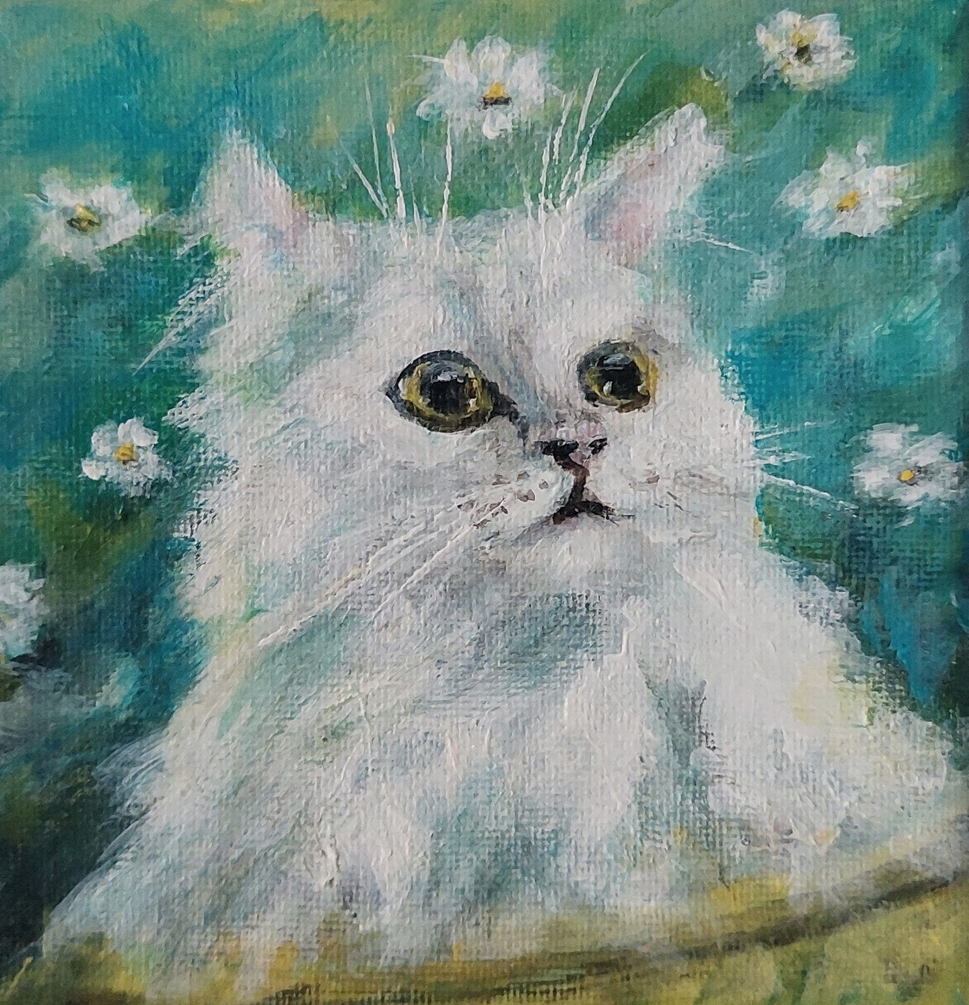 White Cat Painting Original Pet Art on Tiny 5 by 5 Canvas Kitty ...