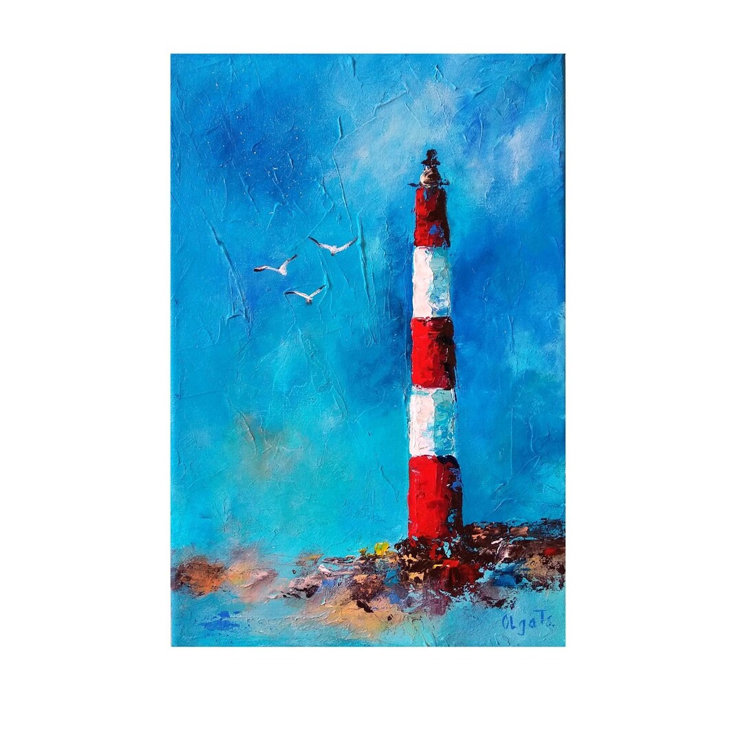 Harbor Lighthouse Art Nautical Painting Seaside Lighthouse Maritime ...