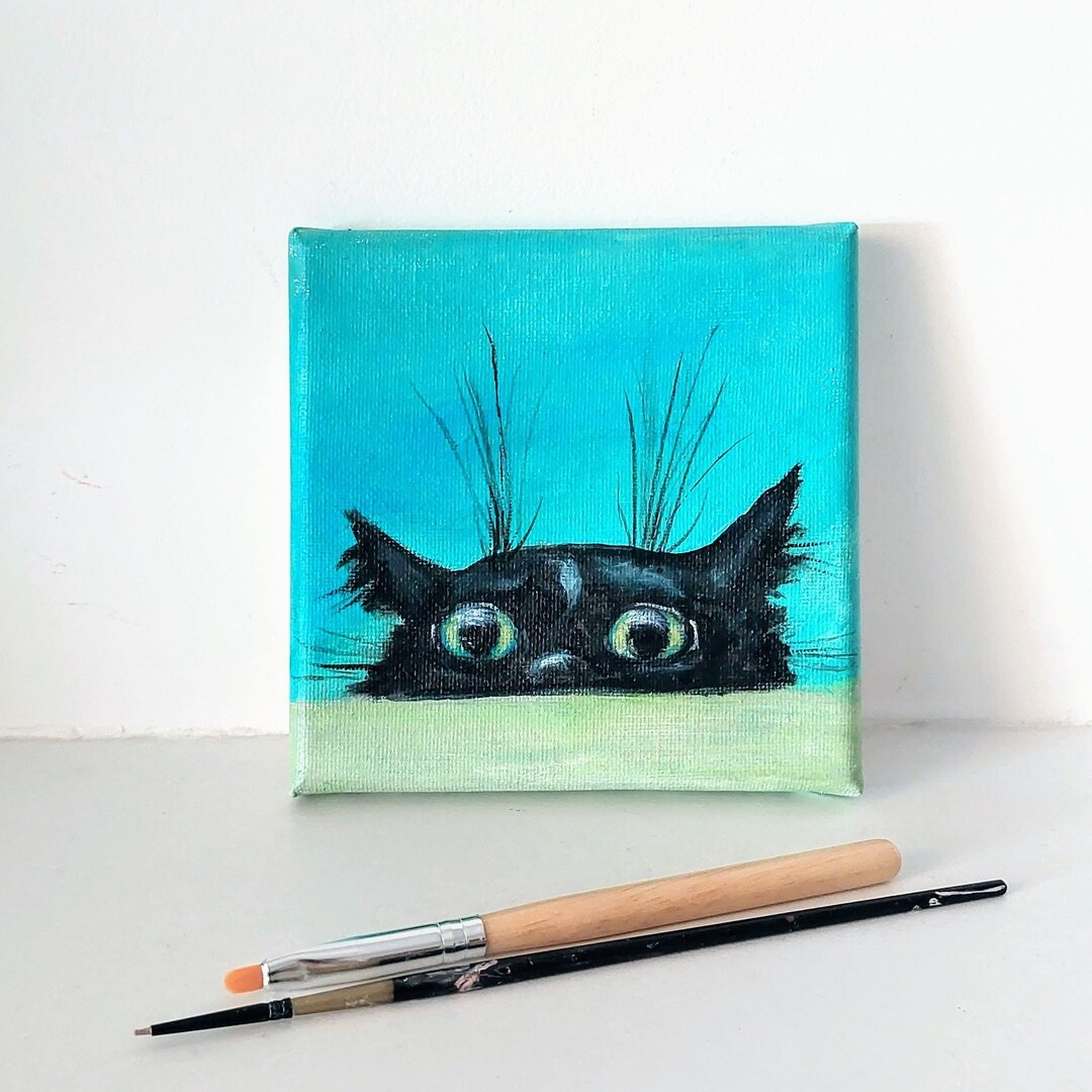Black Cat Painting Original Mini Animal Art on Canvas 100% Hand Custom ...