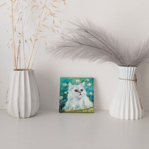 White Cat Painting Original Pet Art on Tiny 5 by 5 Canvas Kitty ...