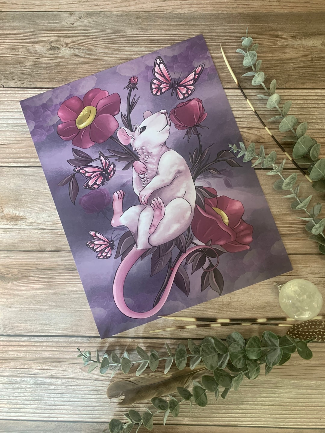 A Floral Ratty, Wall Art Print, Rat, Butterfly, Poster, Illustration ...