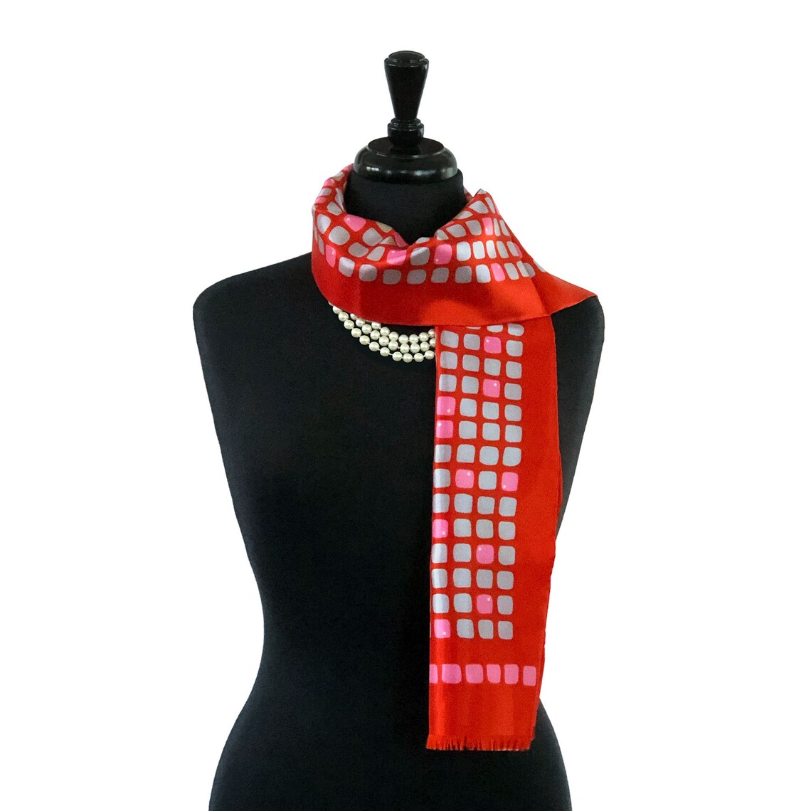 Vintage Red, Pink, Gray, White Oblong Silk Scarf 53 L, 8.75 W Geometric ...