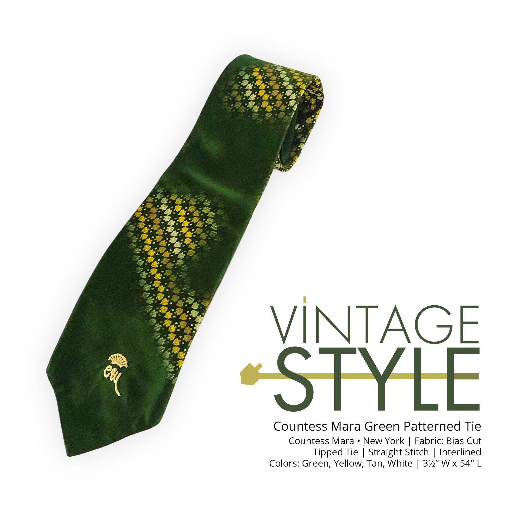 Vintage Countess Mara Green Patterned Tie (tipped Tie | Straight Stitch ...