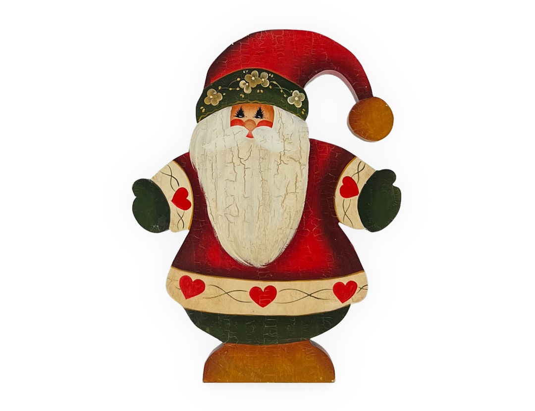 Scandinavian Hearts and Flowers Julenissen Wood Santa Figure (11" H ...