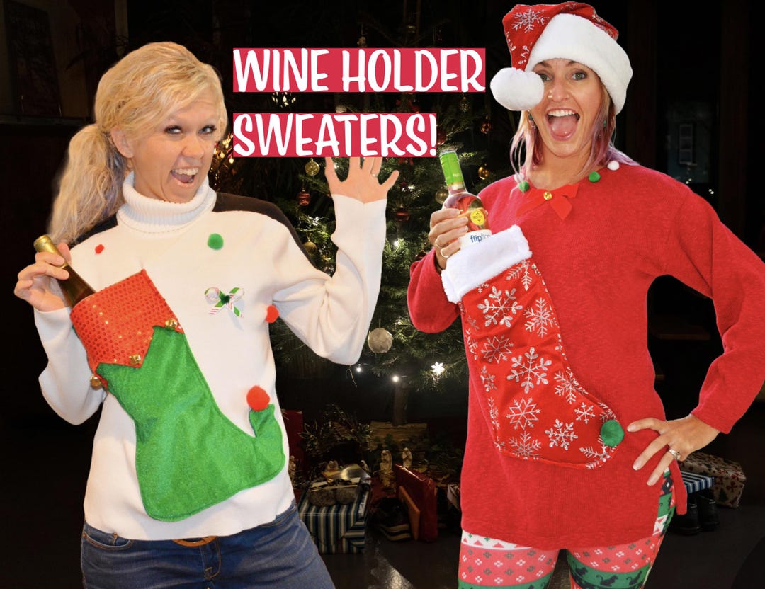 Wine, Ugly Christmas Sweater, Women's, Wine Holder Stocking, You Choose ...