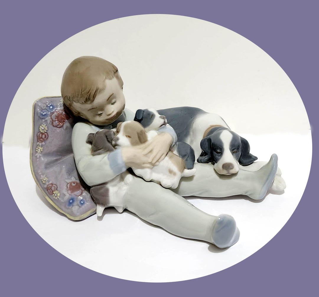 Lladro Boy With Dog & Puppies New Playmates Excellent Condition 7 1/2 ...