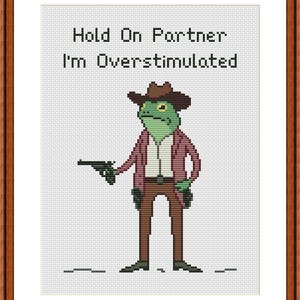 Hold on Im Overstimulated Funny Cross Stitch Pattern Cowboy Frog - Meme ...