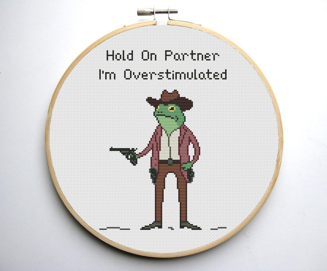 Hold on Im Overstimulated Funny Cross Stitch Pattern Cowboy Frog - Meme ...