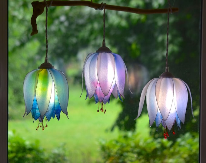 Three Lights Pendant Lamp in the Shape of a Flower, Handmade White Pink ...