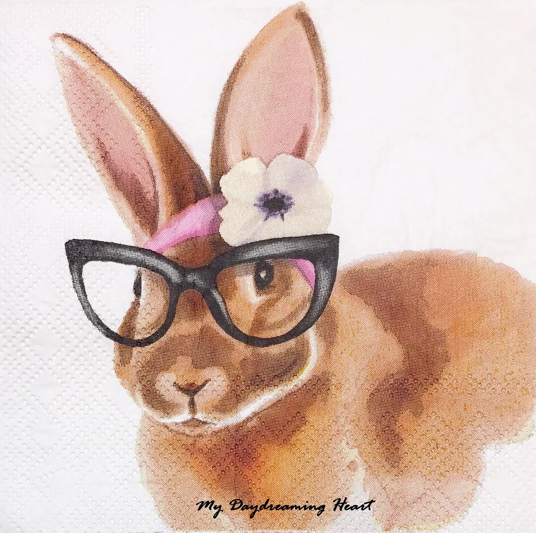 Watercolor Bunny Decoupage Napkins Rabbit in Glasses Decoupage Napkins ...