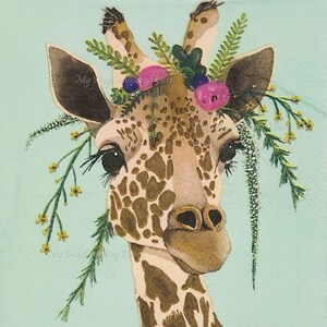 2 Giraffe & Flowers Decoupage Beverage Napkins for Crafts Decoupage ...