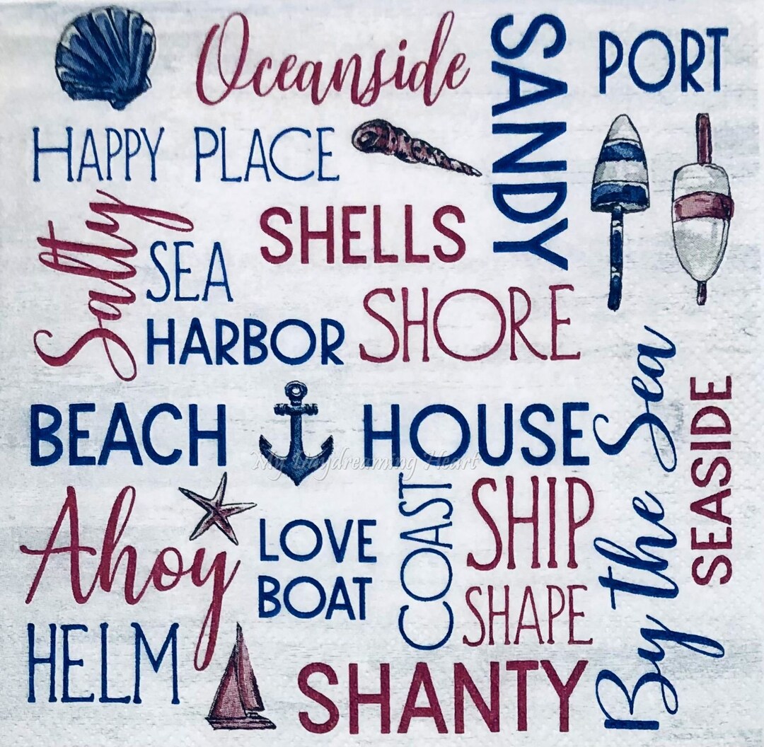 Beachy Coastal Words Decoupage Beverage Craft Napkins Decoupage ...