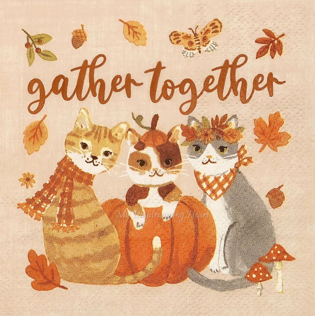 Fall Cats Gather Together Decoupage Napkins Autumn Beverage Napkins for ...