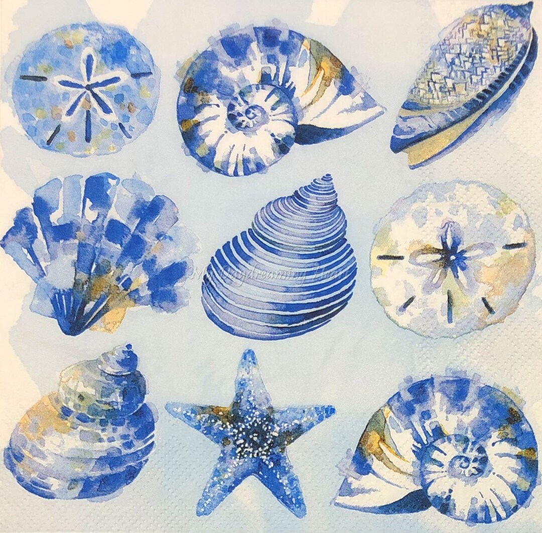 Blue Seashells Decoupage Napkins Set of 3 Lunch 13" X 13" Coastal Craft ...