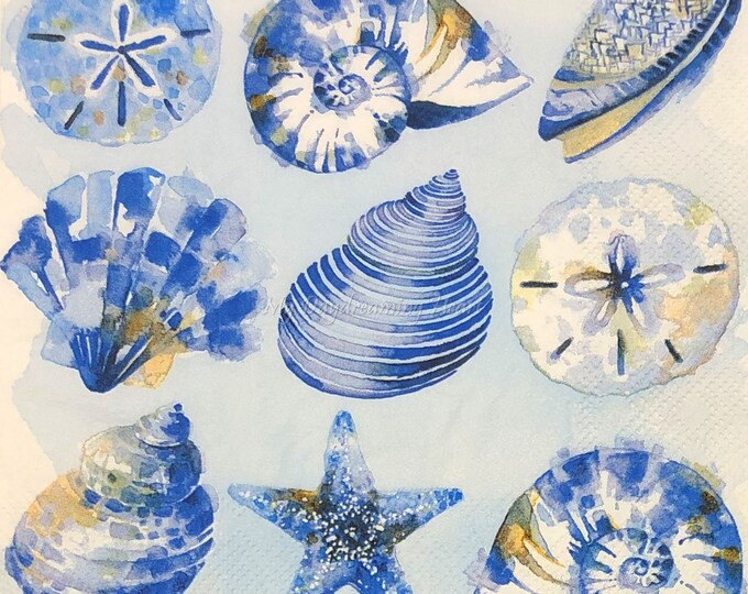 Blue Seashells Decoupage Napkins Set of 3 Lunch 13" X 13" Coastal Craft ...