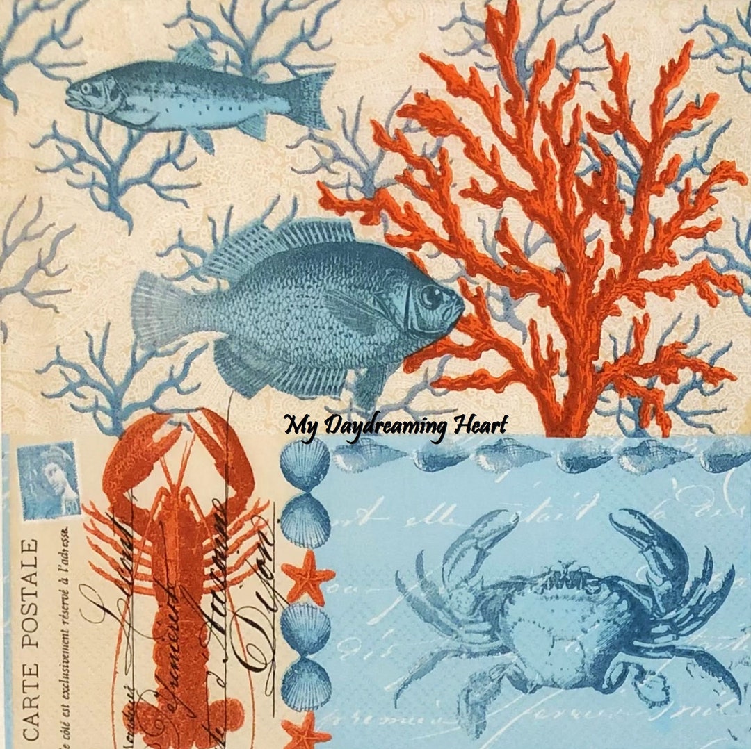3 Coastal Collage Decoupage Lunch Napkins Ocean Sea Life Decoupage ...