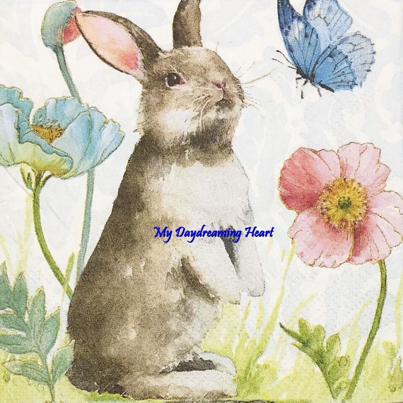 2 Bunny Rabbit Decoupage Napkins Bunny & Butterfly Cocktail - Etsy