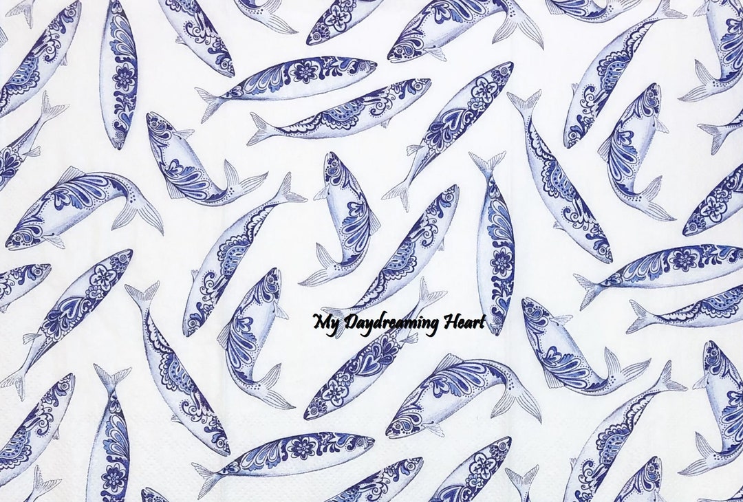 Paisley Fish Decoupage Napkins White & Blue Fish Buffet Napkins ...
