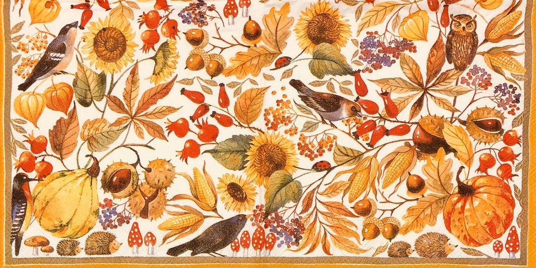 Symbols of Fall Decoupage Napkins Hedgehogs Birds Beverage Napkins ...