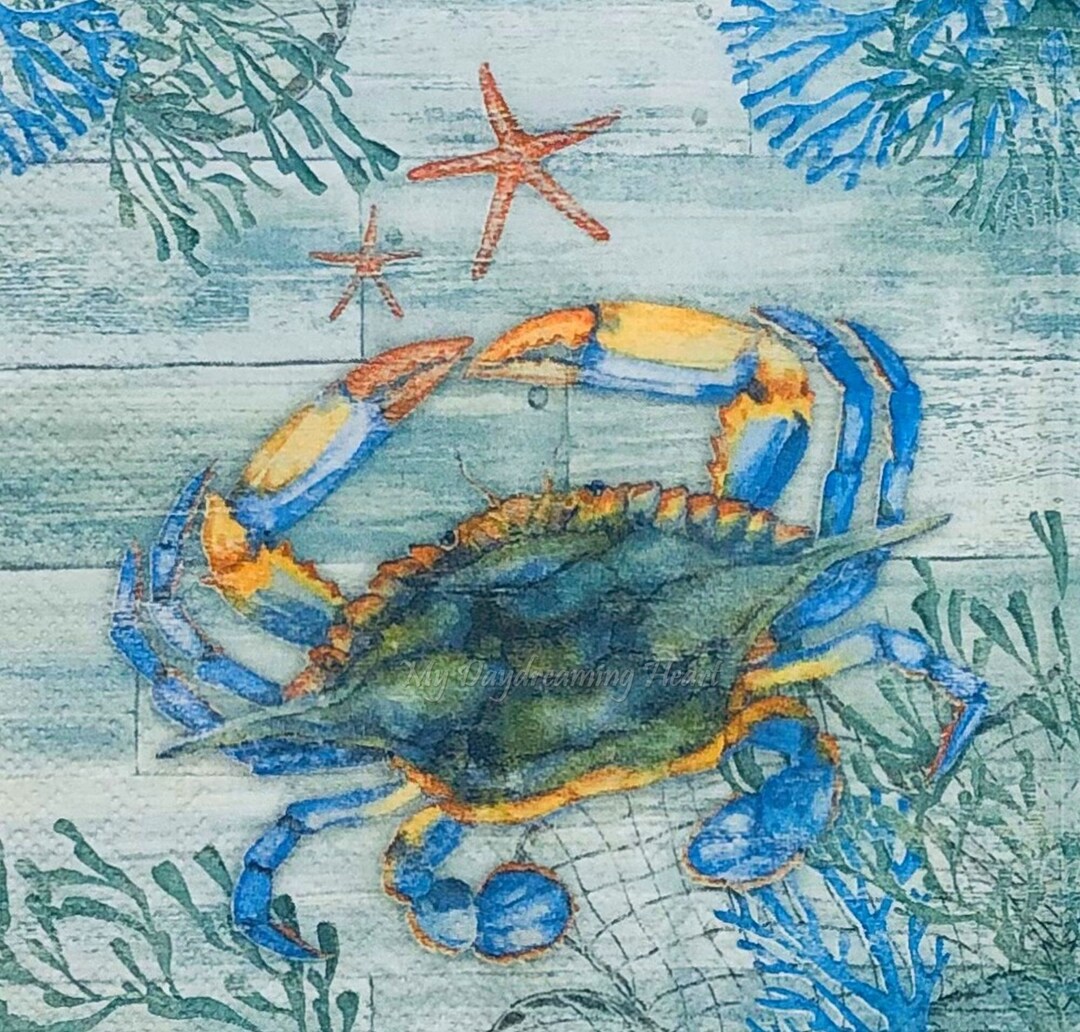 2 Blue Crab & Starfish Decoupage Napkins Sea Life Beverage Napkins for ...