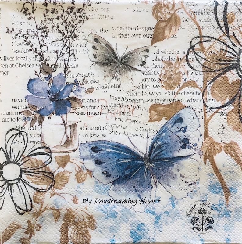 Blue Butterflies Decoupage Napkins Writing Words Wildflowers - Etsy