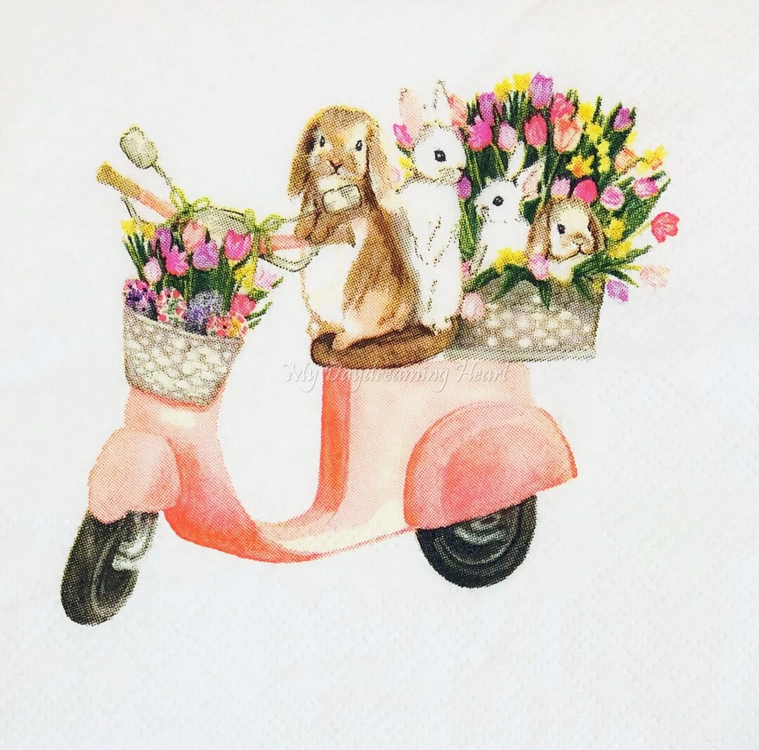 Scooter Bunnies Decoupage Napkins Set of 2 Beverage 10" X 10" Easter ...