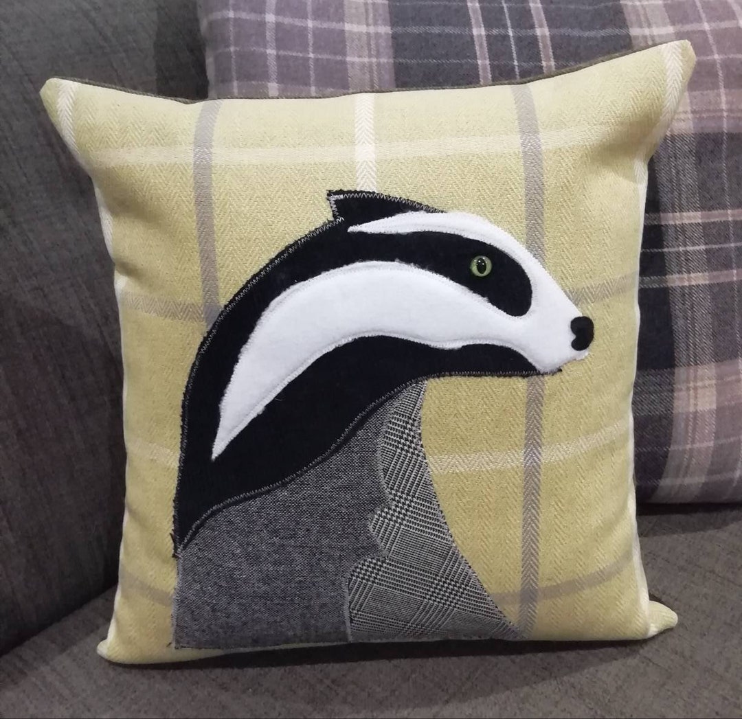 Badger Cushion, Tweed Cushion, Appliqué Cushion, Wildlife, Decorative Statement Animal Pillow ...