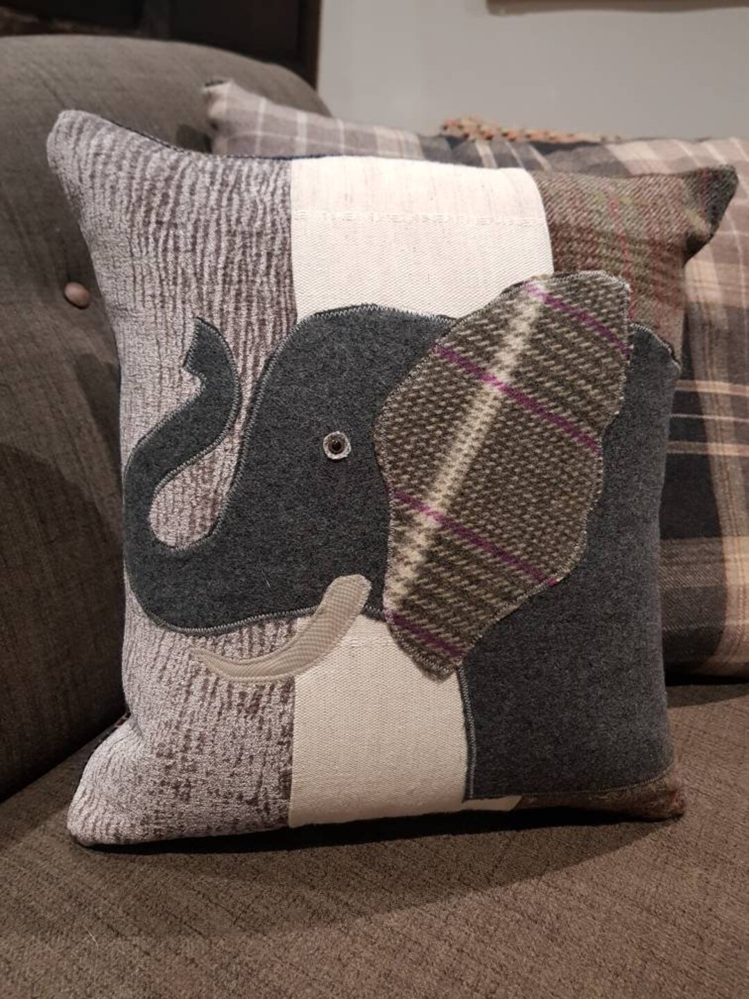 Elephant Cushion, Tweed Cushion, Appliqué Cushion, Decorative Statement ...