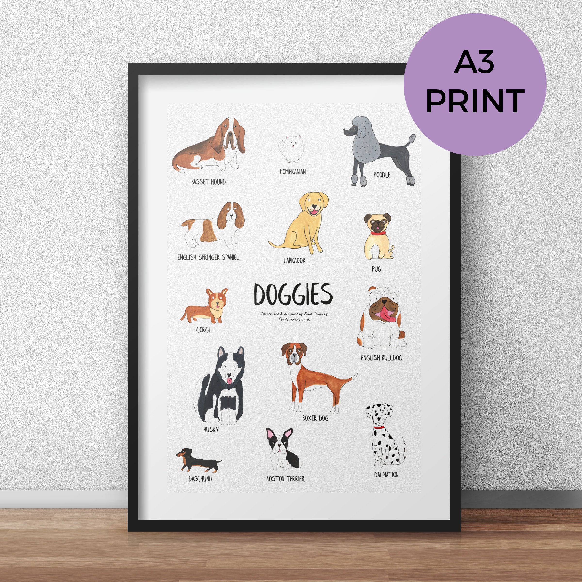 A3 Dog Breed Print for Dog Lovers. Dog Illustration. Dog Themed Home ...